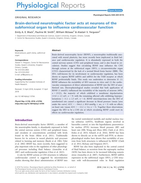Pdf Brain Derived Neurotrophic Factor Acts At Neurons Of The Subfornical Organ To Influence