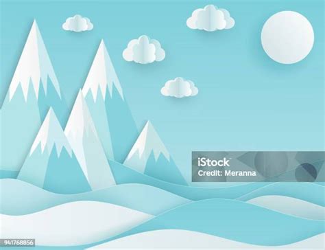 현대 종이 예술 구름와 산입니다 귀여운 만화 솜 털 구름 그리고 파도 파스텔 색상 종이 접기 스타일 산에 대한 스톡 벡터 아트 및 기타 이미지 Istock