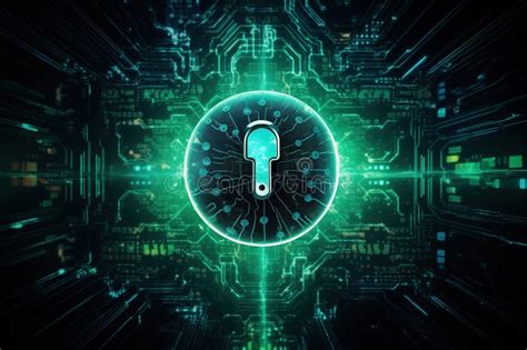 Digital Lock Symbol Glowing In A Futuristic Circuit Board Background Under Neon Lights Stock