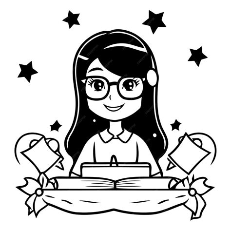 Premium Vector Cute Cartoon Girl In Glasses Reading A Book Vector