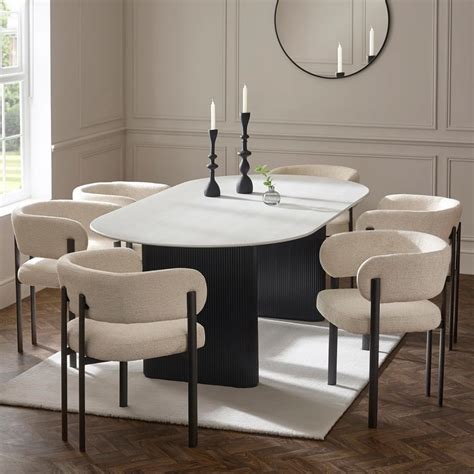 Bismarck White Marble Effect Oval Dining Table With 6 Cream Chairs