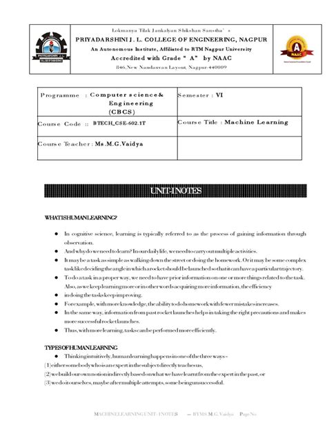 Ml Unit 1 Notes Pdf Machine Learning Cognitive Science