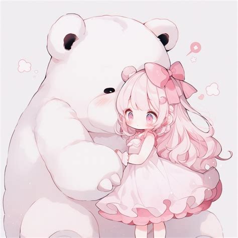 Anime Girl Hugging A Large White Teddy Bear With A Pink Dress
