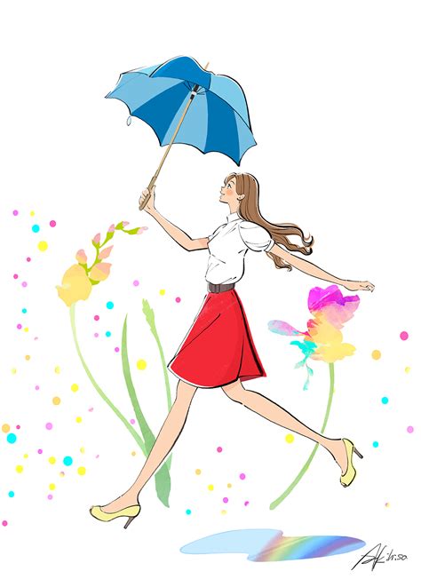 雨上がり、未来へ向かうスキップする女性のイラスト 三澤明久 イラスト・デザイン室