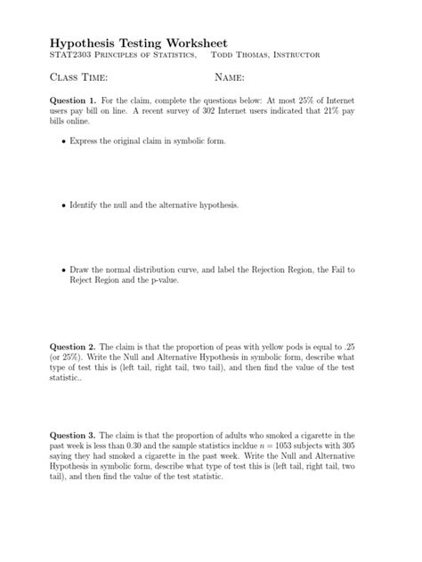 Stat2303 Uark Hypothesis Testing Worksheet Pdf Worksheets Library