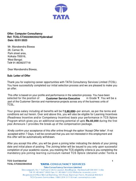 Tcs Offer Letter 1 1 Pdf