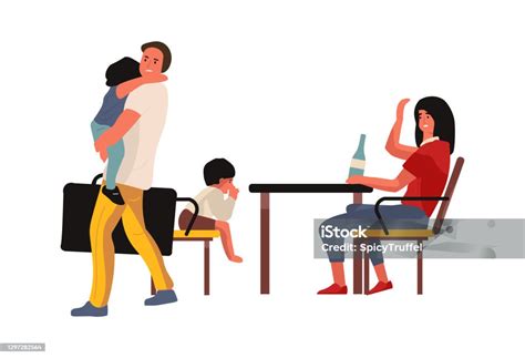 가족 갈등 어머니와 아버지가 다투고 있습니다 남자와 여자는 아이들의 존재에 다투다 충돌하는 사람과 관계의 문제 부모의 의견 차이 벡터 일러스트레이션 가족에 대한 스톡 벡터