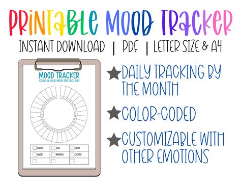 Mood Tracker Printable Mood Tracker Daily Mood Tracker Colored Mood Tracker Mood Tracker For
