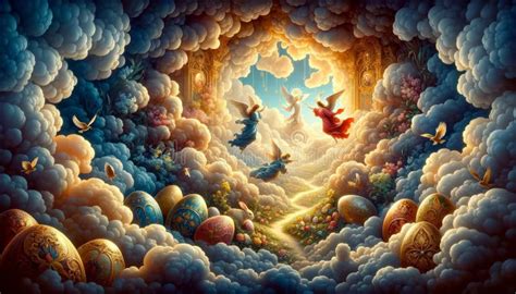 Illustration Of Easter Scene In Paradise With Angels Easter Bunny Easter Eggs In Clouds Stock