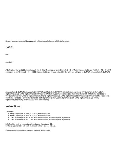 2 Number Relay And 2 Number Led Light Blinking Arduino Programme Pdf