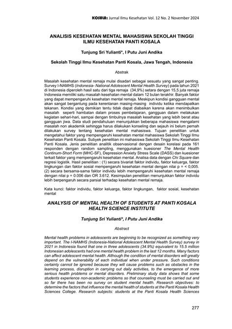 Pdf Analisis Kesehatan Mental Mahasiswa Sekolah Tinggi Ilmu Kesehatan Panti Kosala