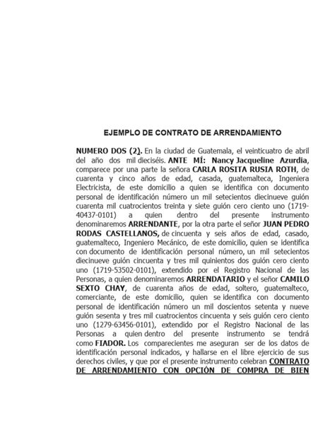 Ejemplo De Contrato De Arrendamiento Pdf Propiedad Guatemala