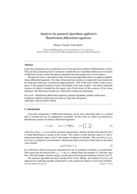 Pdf Analysis For Parareal Algorithms Applied To Hamiltonian Differential Equations