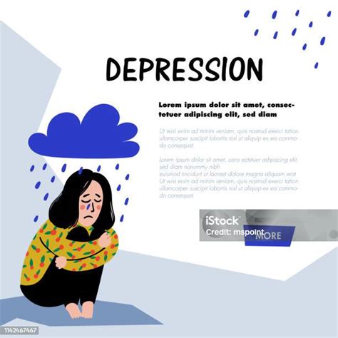 심리학 우울증 슬픈 불행 한 여자 비 구름 아래 앉아 우울증에 젊은 여 자가 그녀의 무릎을 포옹 하 고 울고 낙서 스타일 평면