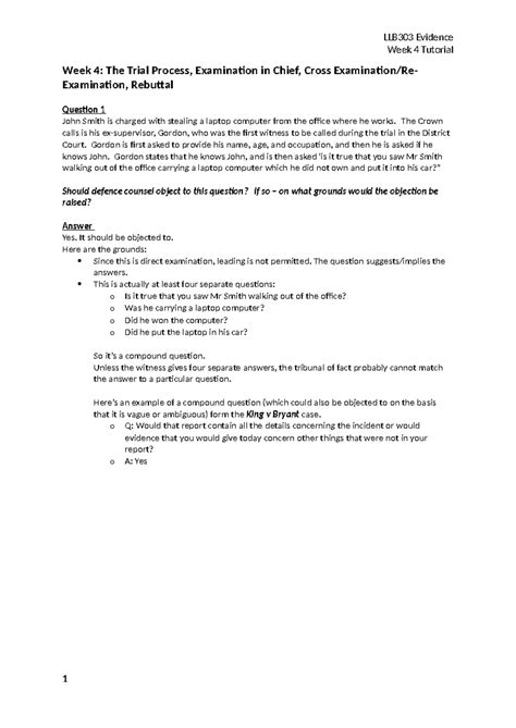 llb303 week 4 tutorial note week 4 tutorial week 4 the trial process examination in chief