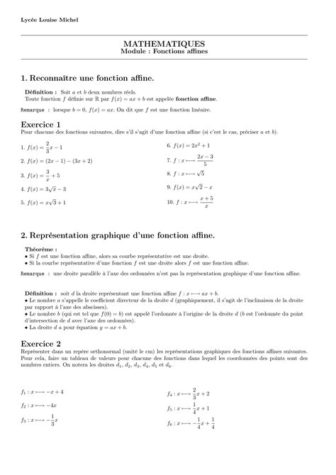 Mathematiques 1 Reconnaître Une Fonction Affine Exercice 1 2
