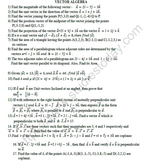 Cbse Class 12 Mathematics Vector Algebra Worksheet Set C