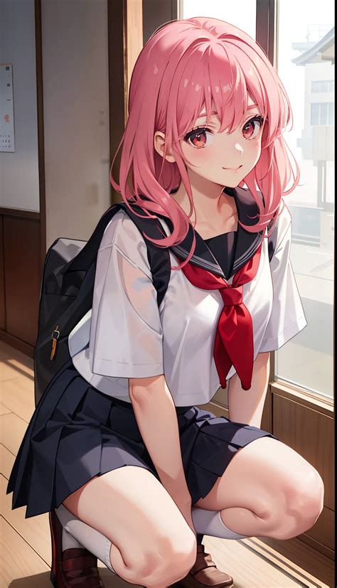 Anime Girl With Pink Hair And A Backpack Kneeling On The Floor Seaart Ai