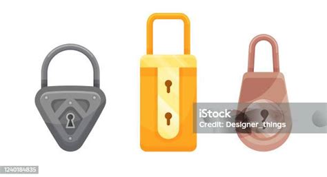 자물쇠 보호 개인 정보 보호 웹 및 모바일 애플 리케이션을위한 평면 자물쇠 아이콘 만화 폐쇄 잠금 황금 강철 및 청동 자물쇠의 디자인 템플릿 0명에 대한 스톡 벡터 아트 및