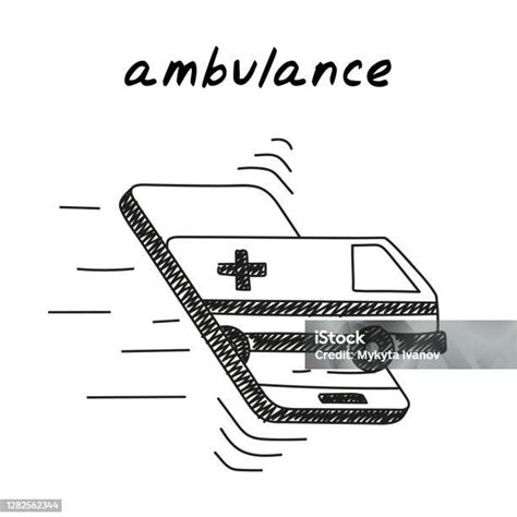 구급차 호출 개념 그림입니다 만화 벡터 는 울리는 전화에서 나가는 구급차의 손으로 그린 클립 아트 구급차 자동차와 스마트 폰의 흑백 스케치 빠르고 신뢰할 수있는 응급 처치