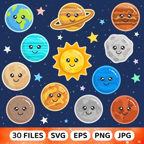 Cute Solar System Clipart Svg Planets Clip Art Bundle Planets Png Galaxy Vector Kawaii