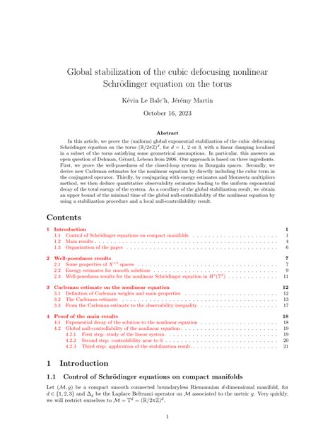 PDF Global stabilization of the cubic defocusing nonlinear Schrödinger equation on the torus