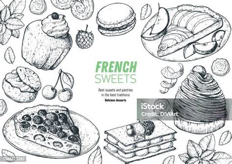 럼 바바 클라푸티스 몽블랑 밀퓌유 사과 파이 마카롱이 있는 프랑스 디저트 세트 프랑스 요리 탑 뷰 프레임 음식 메뉴 디자인 템플릿입니다 손으로 그린 스케치 벡터 그림