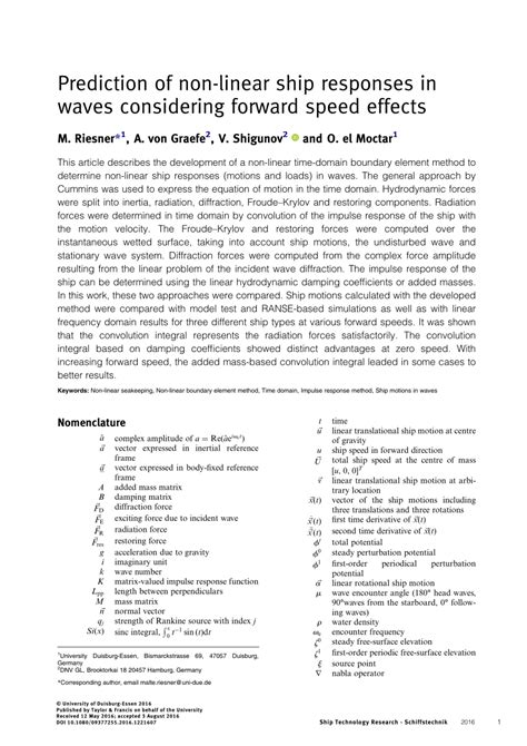 Pdf Prediction Of Non Linear Ship Responses In Waves Considering