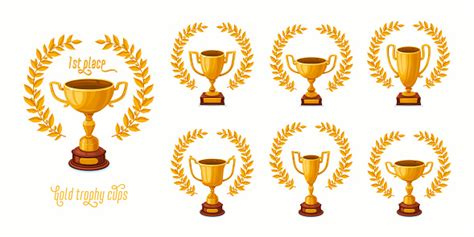 월계수 화환이 있는 골드 트로피 컵 다양한 모양으로 설정된 트로피 어워드 컵 1위 우승자 트로피 만화 스타일 벡터 일러스트레이션