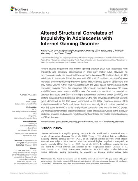 Pdf Altered Structural Correlates Of Impulsivity In Adolescents With Internet Gaming Disorder