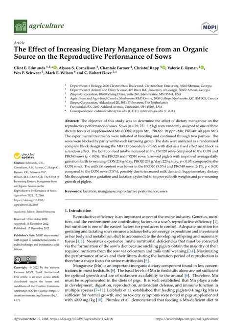 Pdf The Effect Of Increasing Dietary Manganese From An Organic Source On The Reproductive
