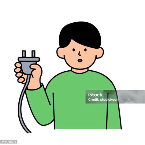 남자는 에너지를 절약하기 위해 전원 플러그를 뽑는다 환경 전력 및 에너지 절약 개념 만화 플랫 벡터 그림입니다 개발에 대한 스톡
