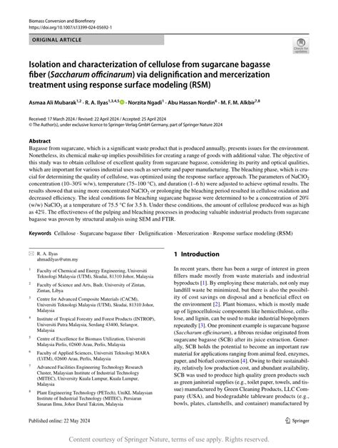 Isolation And Characterization Of Cellulose From Sugarcane Bagasse Fiber Saccharum Officinarum