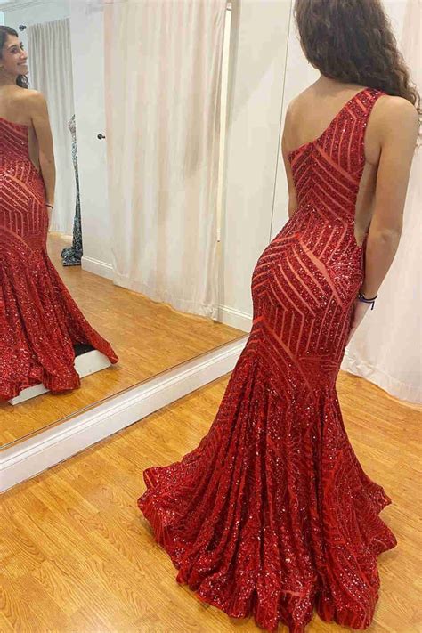 Yaretzi Hot Pink Mermaid Unique One Shoulder Sequins Prom Dress