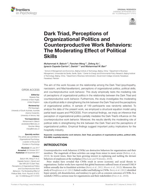Pdf Dark Triad Perceptions Of Organizational Politics And