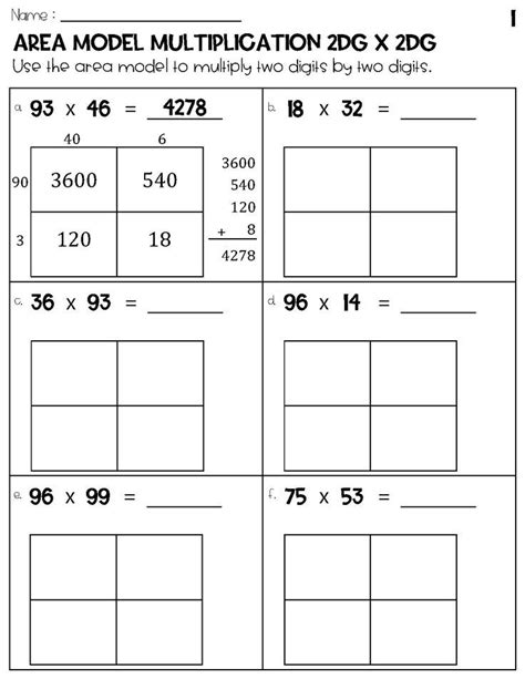 Two Digits By Two Digits Area Model Multiplication Worksheets Free