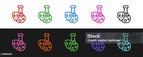 흑백 배경에 격리된 독성 액체 아이콘이 있는 실험실 화학 비커를 설정합니다 생물학적 위험 기호 방사선 아이콘이 있는 위험한