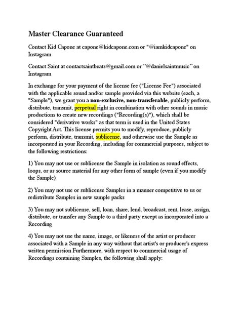 Sample Clearance Agreement Pdf License Copyright