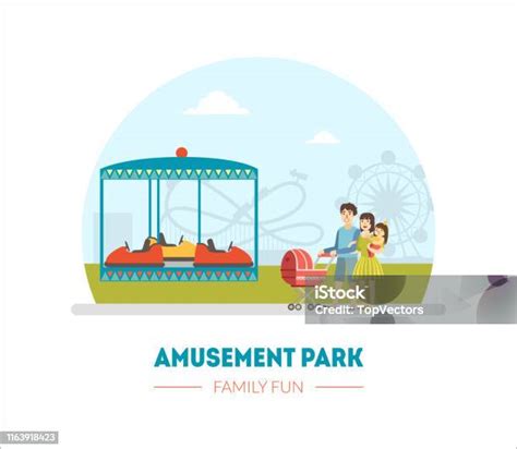 놀이 공원 가족 재미 배너 템플릿 부모와 그들의 작은 아이 휴식과 공원 벡터 그림에서 산책 가족에 대한 스톡 벡터 아트 및 기타