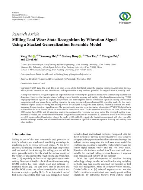 Pdf Milling Tool Wear State Recognition By Vibration Signal Using A Stacked Generalization