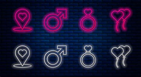 세트 라인 남성 성별 기호 결혼 반지 마음과 마음의 형태로 풍선지도 포인터 벽돌 벽에 빛나는 네온 아이콘 벡터 0명에 대한 스톡