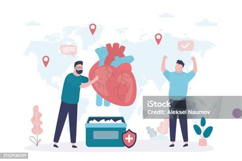 세계 장기 기증의 날 기증자 또는 의사는 거대한 인간의 심장을 제공합니다 기증자 인체 장기 해부학적으로 건강한 심장 심혈관 문제 및 건강 관리 건강 진단에 대한 스톡 벡터