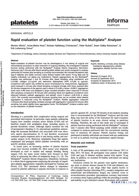 Pdf Rapid Evaluation Of Platelet Function Using The Multiplate® Analyzer