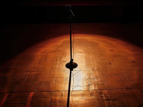 A Photo Of A Comedian Performing Standup On A Stage Their Microphone