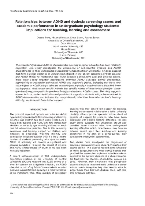 Pdf Relationships Between Adhd And Dyslexia Screening Scores And Academic Performance In