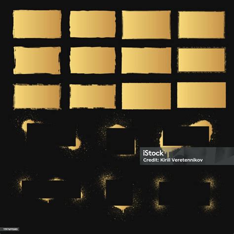 직사각형 황금 그런 지 거친 모양 스프레이 페인트 프레임의 집합입니다 벡터 절연 에어 브러시 잉크 점 상자입니다 고민 배지 가장자리에 대한 스톡 벡터 아트 및 기타 이미지