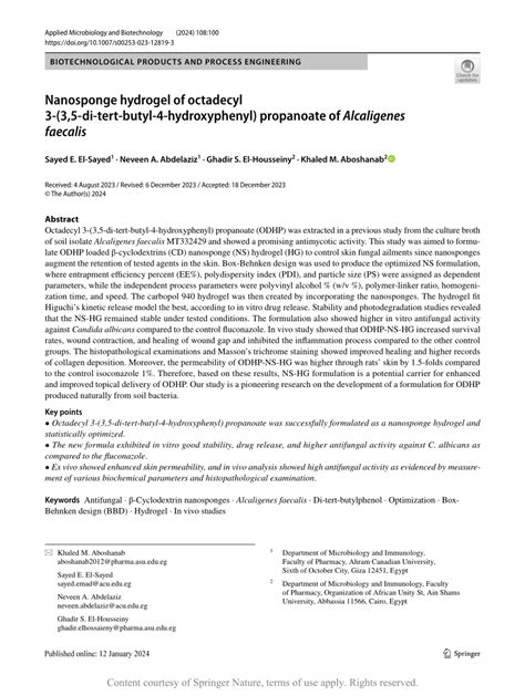 Pdf Nanosponge Hydrogel Of Octadecyl 3 35 Di Tert Butyl 4