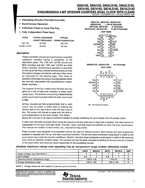 74ls193 Datasheet Pdf Synchronous 4 Bit Updown Counter Texas