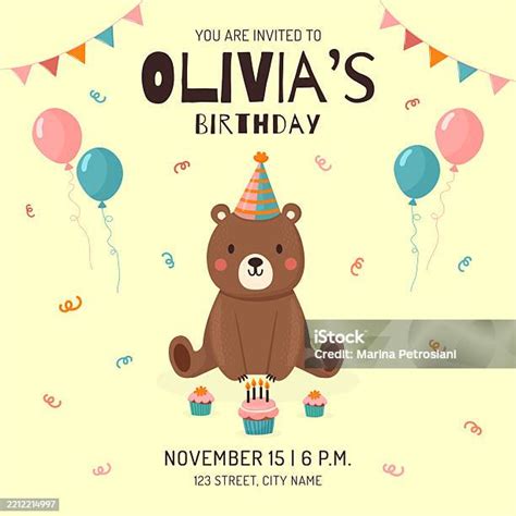 귀여운 테디 베어 플랫 벡터 일러스트 레이 션과 함께 생일 초대장 카드 귀여운에 대한 스톡 벡터 아트 및 기타 이미지 귀여운 기념일 디자인 Istock