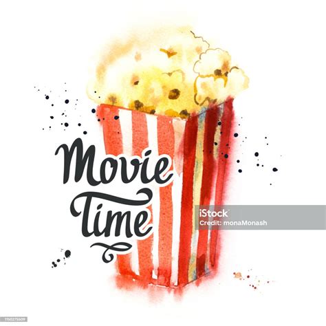 스케치 팝콘 양동이와 수채화 그림입니다 스케치 디자인 시네마 스낵 손으로 그린 패스트 푸드 영화 시간 포스터입니다 레트로 영화